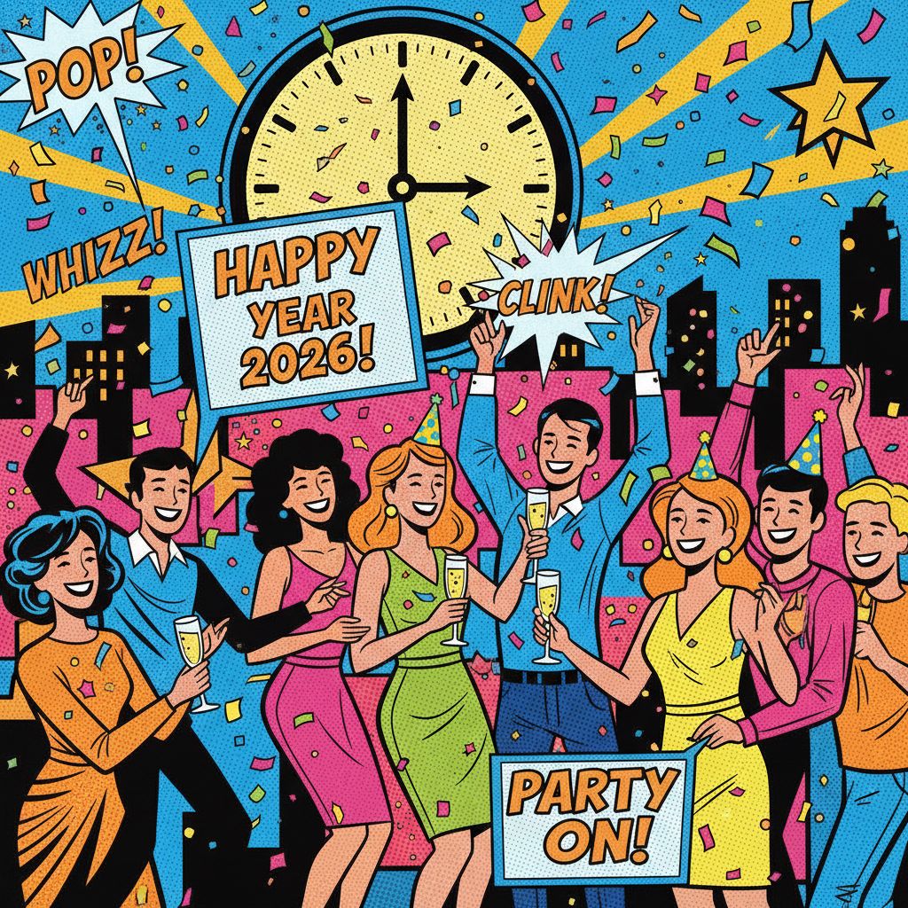 Pop art style illustration of New Year 2026 party